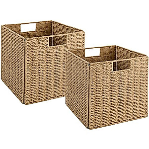 Vagusicc Wicker Storage Baskets, Set of 2 Hand-Woven Paper Rope Storage Baskets, Foldable Cube Storage Bins Organizer 11 Inch Square Wicker Storage Baskets for Shelves Pantry Organizing Decor, Natural