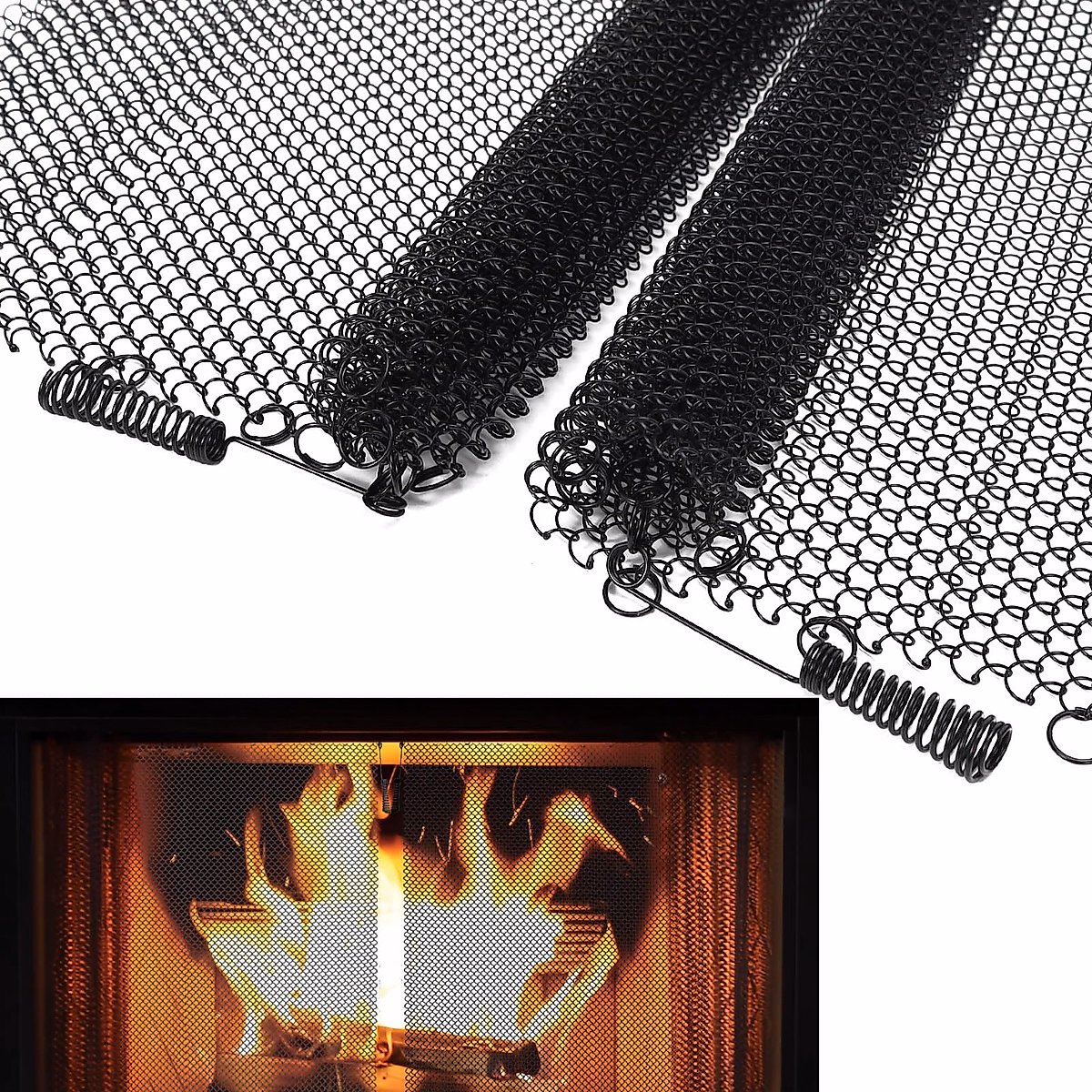 2 Pack Fireplace Mesh Screen Curtain,22”x24” Spark Guard Chain for Hearth,Metal Fireplace Replacement Black Hanging Mesh Curtain Screens for Home Wood Burning Fireplace