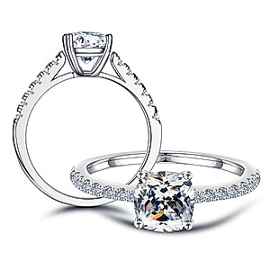 SMILEST 1.5ct Cushion Moissanite Ring for Women, D Color VVS1 Clarity Lab Created Diamond Sidestone Ring 18K White Gold Plated S925 Sterling Silver Moissanite Engagement Rings for Women Jewelry Gifts