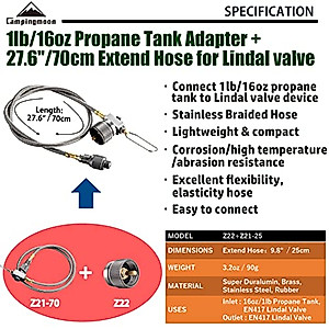 CAMPINGMOON Propane to Butane Camping Stove Adapter with Hose Valve Convert 16oz/1Lb Small Propane Tank to EN417 Lindal Valve Z22/Z21 (27.6" Length (Z22/Z21-70))