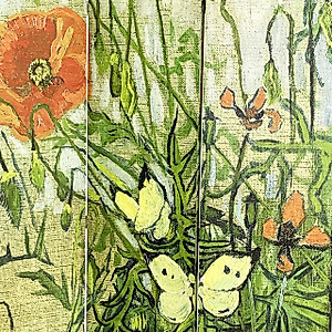 HOZUSO Room Divider Wood Privacy Screens Van Gogh's Butterflies and Poppies Painting Canvas 3-Panel Foldable Portable Separating Divider Room Partitions Freestanding Home Decor 71'' High