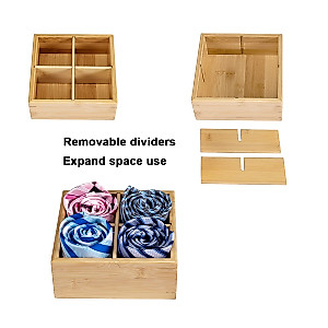 GOBAM Bamboo Tie Box, 4 Compartments - Tie Organizer for Drawer - Storage Box Organizer for Men, Pocket Square, Neck ties, Keys, Tie Clips & Cufflinks - Natural