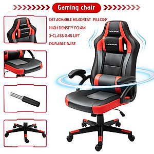 High Back Wide Seat Ergonomic PC Computer Gaming Chair, Leather Swivel Silla Gamer Home Office Desk Chair with Headrest and Lumbar Support for Adult (Red+Black)
