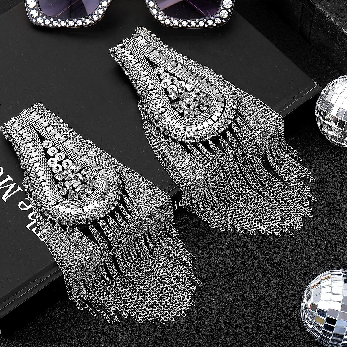 4 Pieces Metal Tassel Link Chain Epaulet Beaded Crystal Shoulder Boards Badge Punk Rivet Shoulder Jewelry Epaulettes Shoulder with Pins for Men and Women Uniform Accessories (Silver)