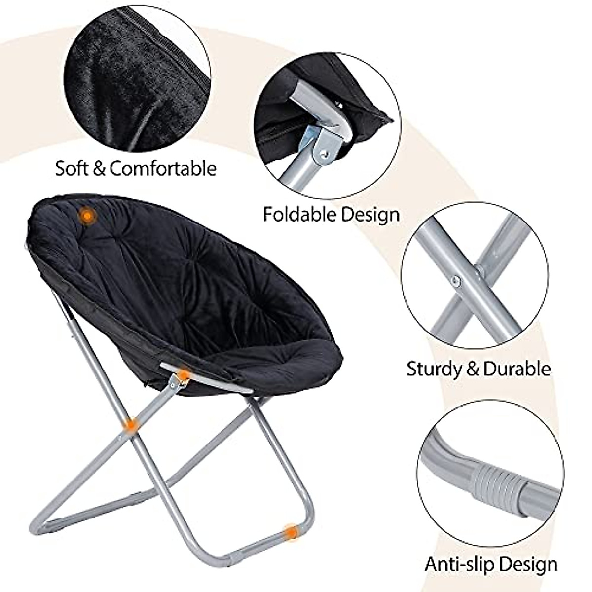 ZenStyle Set of 2 Faux Fur Saucer Chairs, Folding Chair Soft Lounge Chair, Portable Moon Chair for Bedroom, Dorm Rooms, Apartments, Lounging, Garden and Courtyard, Black