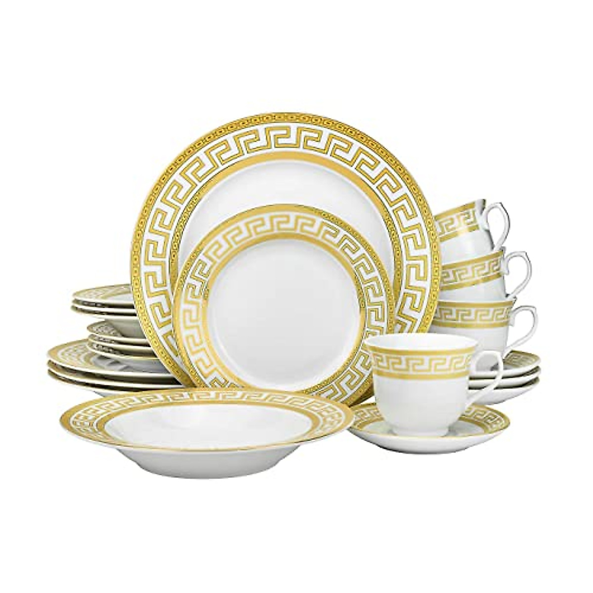 Euro Porcelain Vintage Gold 20 piece Dinnerware Dish Serving Set 'Greek Key Gold' - HQ Fine China Tableware Service for 4