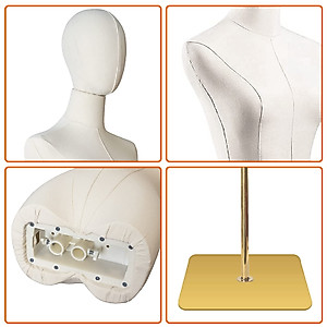 Female Mannequin Torso Dress Forms for Sewing Manicanequin Body Gold Metal Stand Detachable Head for Clothing Dress Jewelry Display, No Hands