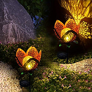 Pannow Large Metal Glass Solar Flowers Yard Art, Garden Solar Lights Outdoor,Solar Powered Stake Lights,Decorative Garden Lights for Walkway,Pathway,Yard,Lawn,2Pack