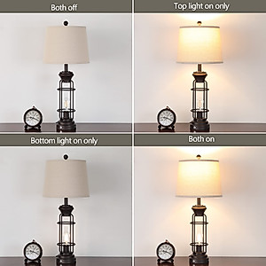 Table Lamp for Living Roon Set of 2, 29.3" Tall Farmhouse Table Lamp with 2 Nightlight Bulbs, Oil Rubbed Bronze Bedside Lamp with White Oatmeal Lampshade for Living Room Bedroom, Bulbs Included