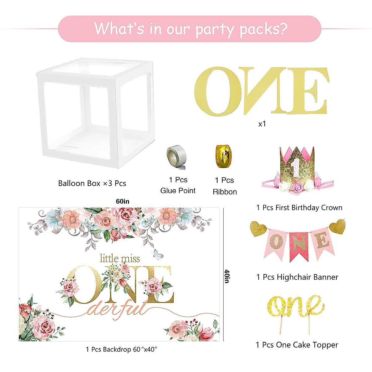 PYCALOW First Birthday Decorations Girl - 1st Birthday Baby Girl Decorations Include Balloons Box, Backdrop, Crown, Banner, High Chair Banner, Topper, Baby First One Year Old Girl Party Supplies