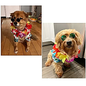 3 Pieces Pet Dog Hawaiian Costume, Includes Puppy Dog's Cool T-Shirts Summer Clothes, Funny Cute Dog Retro Fashion Sunglasses and a Colorful Wreath for Small to Medium Dog (Green Series)