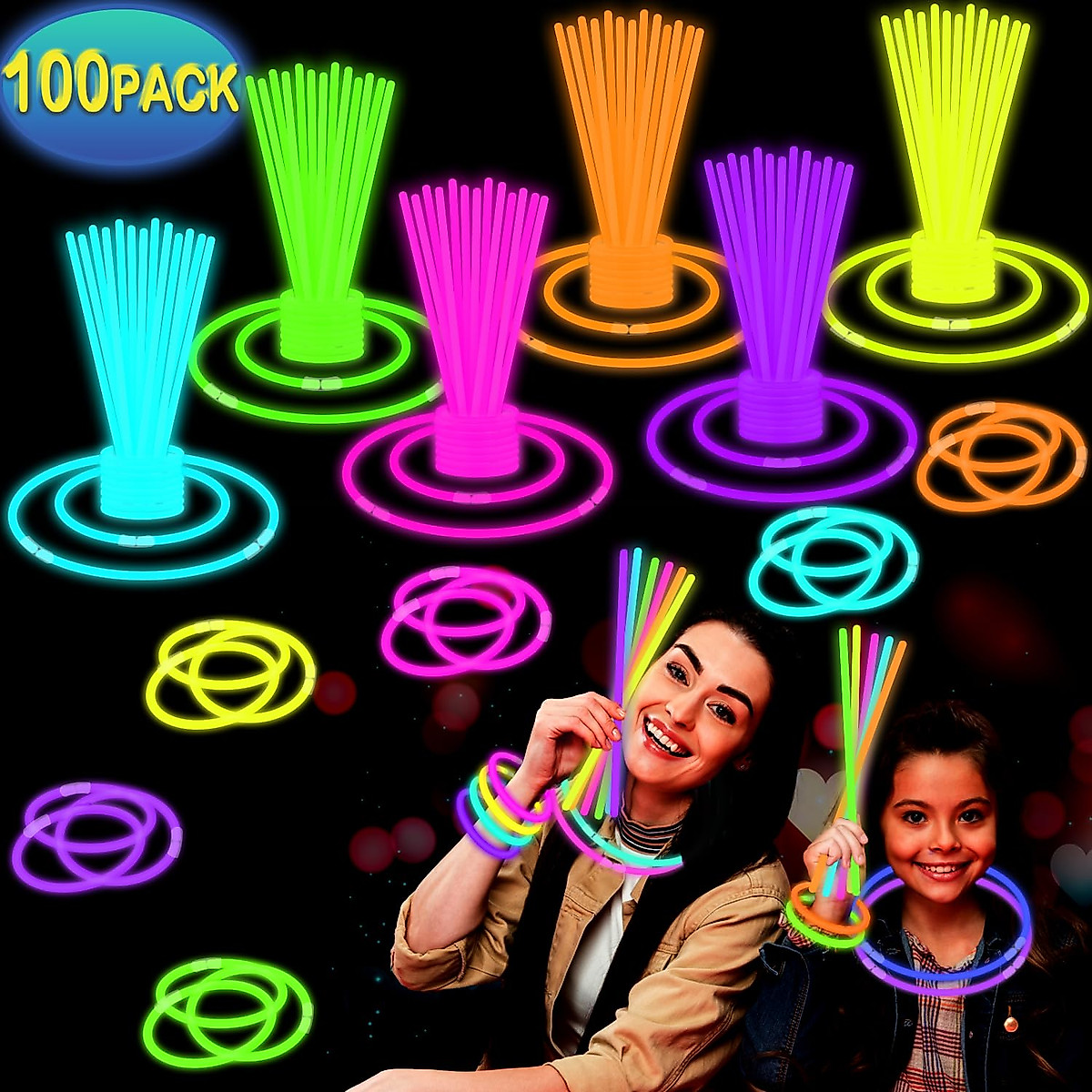 Leetous 4th of July 8" Glow Sticks Party Pack-100,Light up Bracelets & Necklaces Accessories for Kids,Neon Glow in the Dark Party Favor Supplies Decorations for Birthday,Camping, Patriotic Activities
