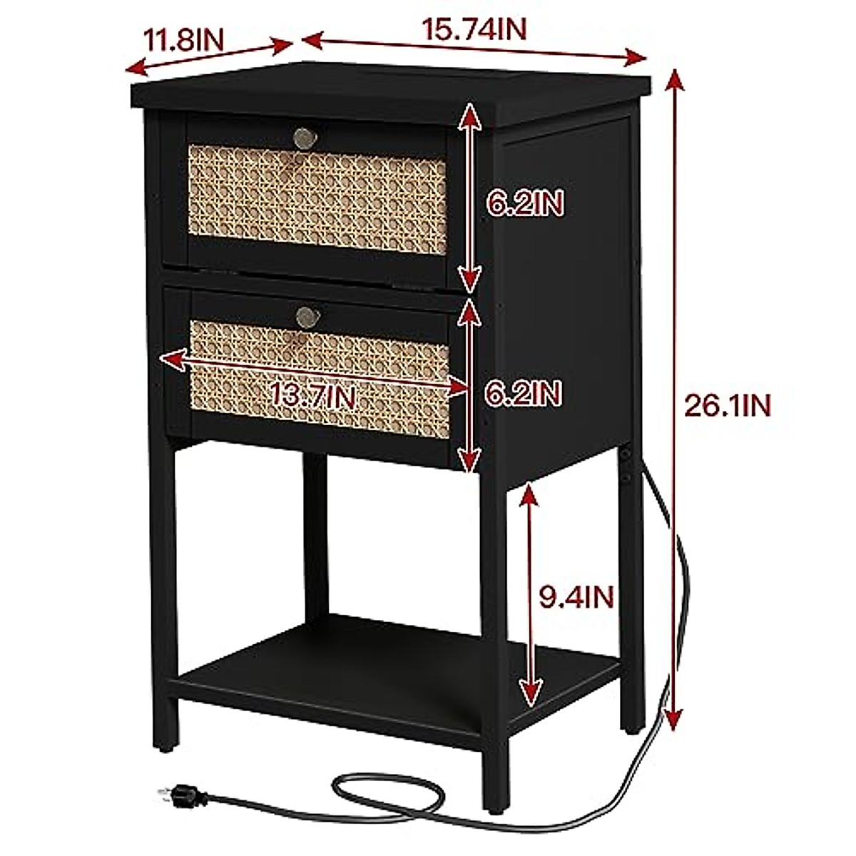 End Table with Charging Station, 2 Tier Rattan Decorated Nightstand with USB Ports and Outlets, Bedside Table with Drawer, Black Modern Sofa Side Table for Bedroom, Living Room, Office