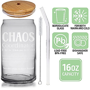 9CLEVER Chaos Coordinator Glass Tumbler - Thank You Gift for Women Manager Office, Appreciation Gifts for Coworkers, Funny Gift for Boss Lady Teacher Nurse Mother 16 Oz Cup