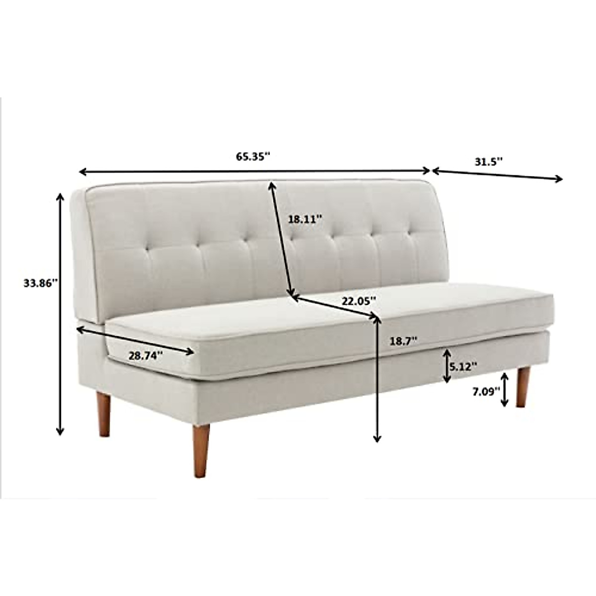 Aoowow Modern Armless Futon Sofa, Living Room Couch,Mid-Century Tufted Linen Upholstered Sofa Couch with Wood Legs for Compact Living Space, Apartment (Beige)