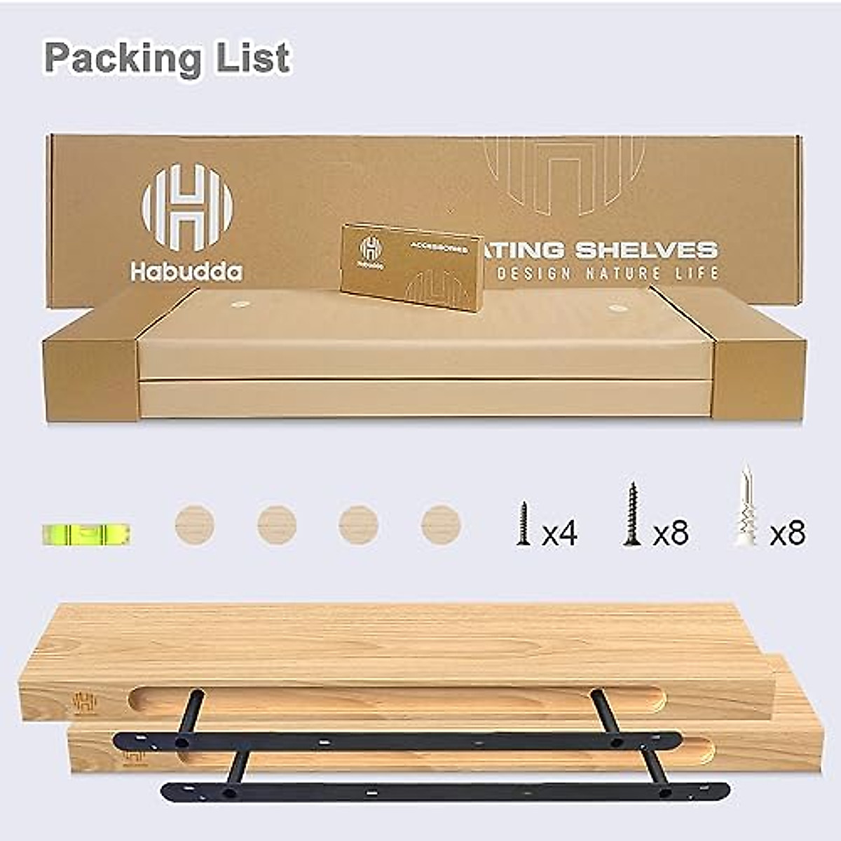 Habudda Floating Shelves, Wall Hanging Wood Shelf for Rustic Home Decor, Bathroom, Bedroom, Kitchen Display, Natural Wood, Invisible Bracket, 30", 2-Pack (Burlywood, 30"×6.7"×1.6")