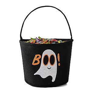 Halloween Bucket Halloween Basket for Kids, Trick or Treat Bags with Embroidery Foldable Halloween Candy Bucket Pumpkin Bucket Candies Basket with Handle for Halloween Party Decorations, (Black)