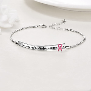 YFN Sterling Silver Pink Ribbon Bracelets Breast Cancer Awareness Gifts Motivational Bracelets Engraved She Doesn't Fight Alone