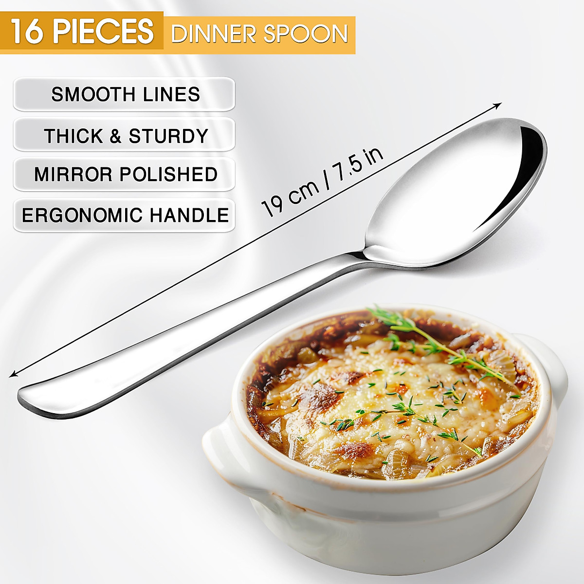 SENADORE Stainless Steel Dinner Spoons - Set of 16 - Mirror Finish and Dishwasher Safe - 7.5" Elegant and Sleek Design Soup Spoon for Modern and Casual Dining (Simple Modern)