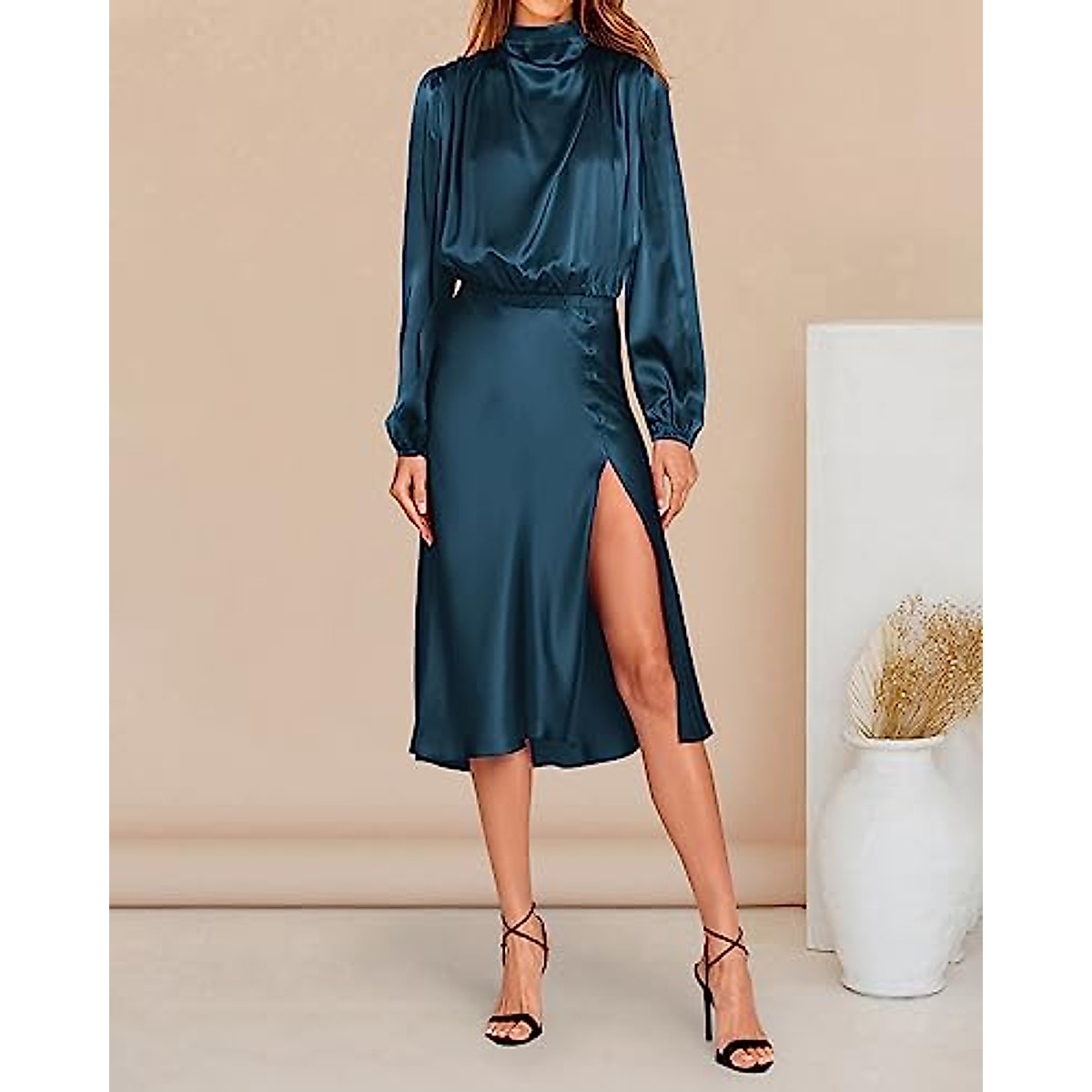 PRETTYGARDEN Women Fall Formal Mock Neck Long Sleeve Satin Dress Elastic Waist High Slit Midi Wedding Guest Dresses 2023(Solid Dark Blue,Medium)