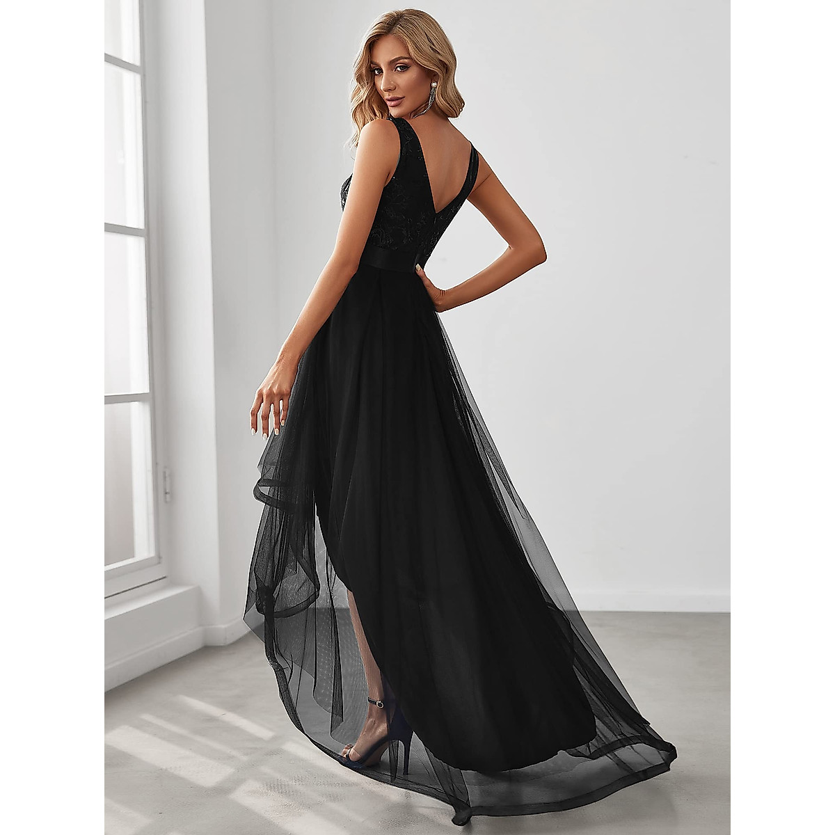 Ever-Pretty Women's Crew Neck Pleated Waist Short Sleeve Wedding Guest Dress Chiffon Bridesmaid Dresses Black US10