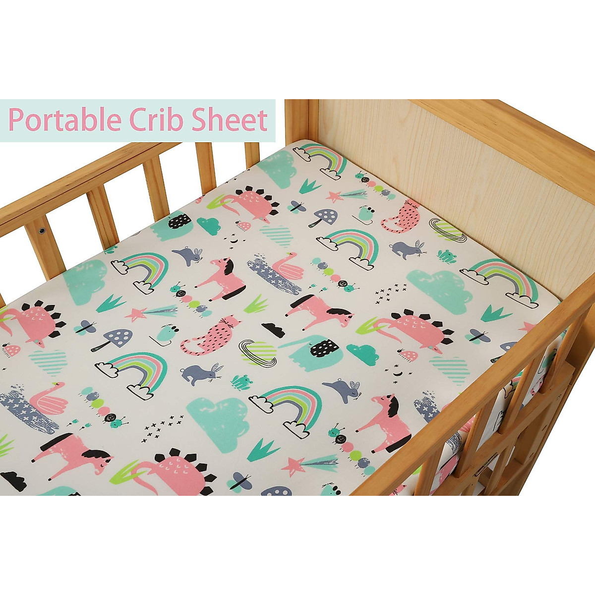 Tontukatu Pack n Play Stretchy Fitted Playard Sheet Set 2 Pack Jersey Knit Ultra Soft for Baby Girl Portable Mini Crib Sheets,Convertible Playard Mattress Cover,Flamingo Elephant Horse Lt Green Pink