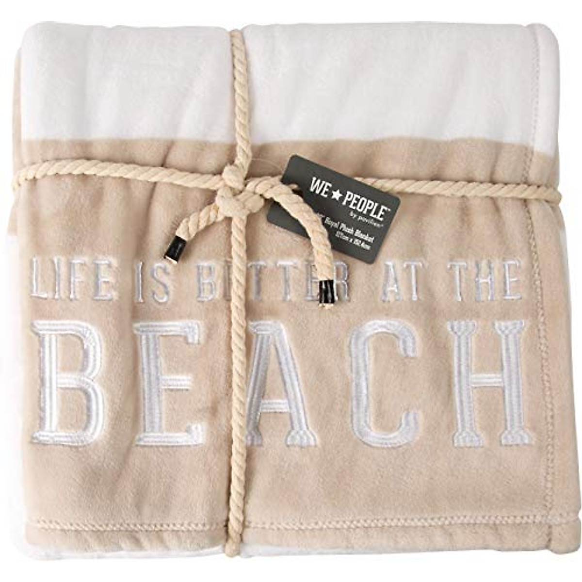 Pavilion Gift Company Life is Better at The Beach-Tan & White Super Soft 50 x 60 Inch Striped Throw Embroidered Text 50" x 60" Royal Plush Blanket, Beige