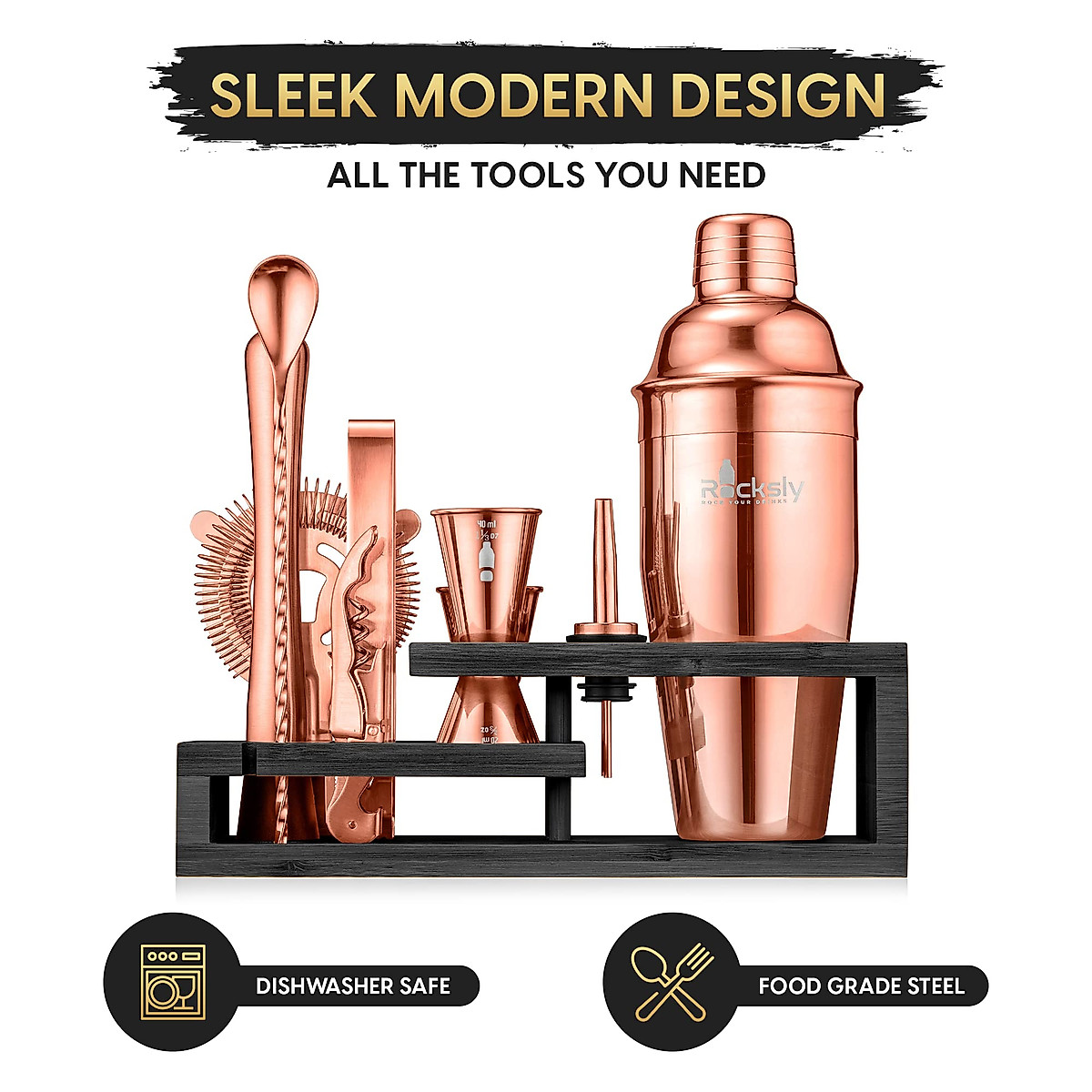 ROCKSLY MIXOLOGY BAR Set Premium Bartender Kit, Rectangular Tool Stand, Cocktail Shaker Strainer, Jiggers, Spoon, Tongs, Muddler, Pourers, Opener 10 Pc