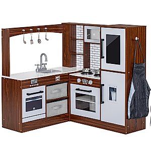 BRINJOY Corner Play Kitchen for Kids, Wooden Toddler Kitchen Playset w/Faucet, Sink, Microwave, Oven, Apron, Blackboard, Storage Cabinets, Pretend Cooking Toys w/Sound & Light Gift for Ages 3+