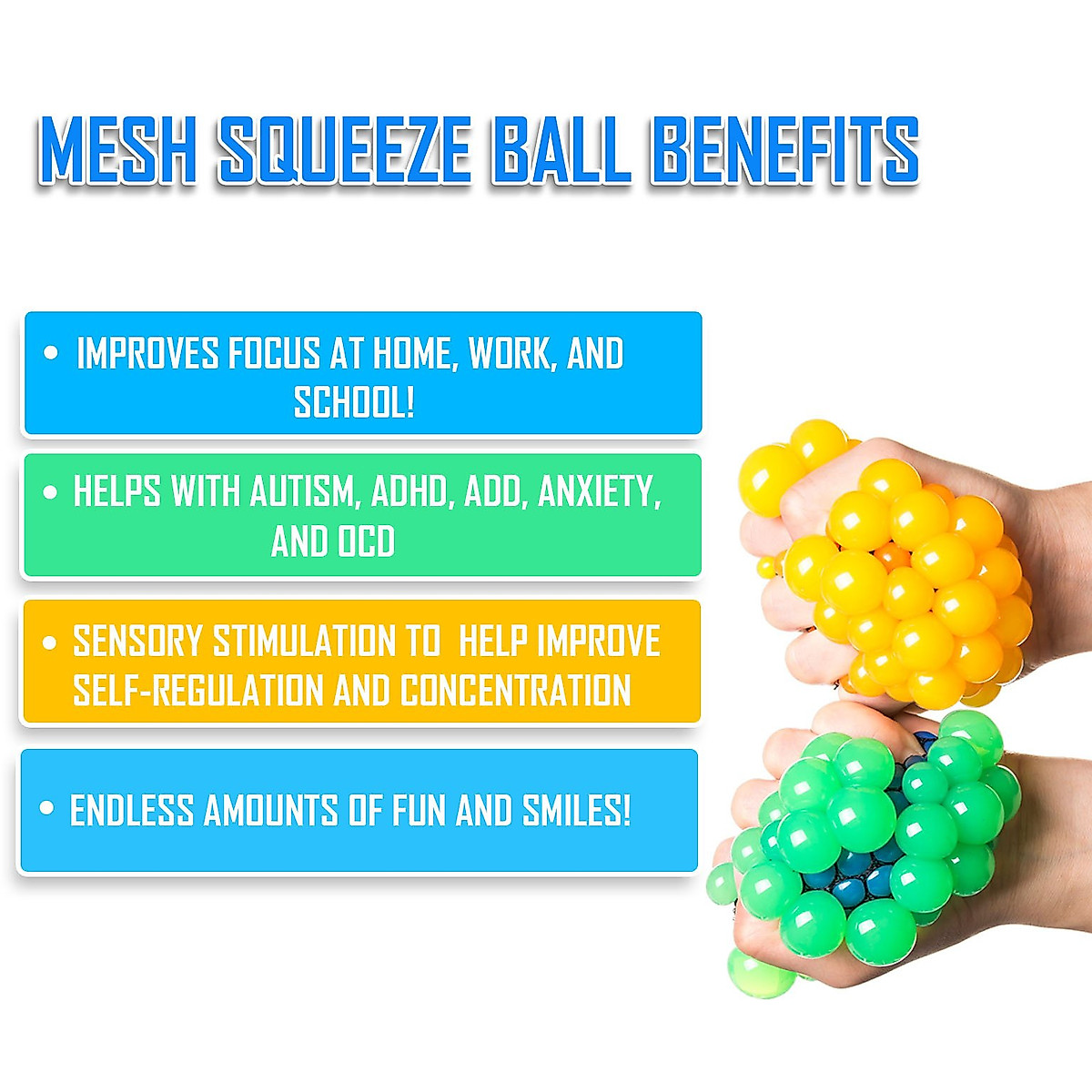 KELZ KIDZ Durable Mesh Squishy Balls Fidget Toy with Exclusive Sewn Mesh! (4 Pack Gift Pack!)