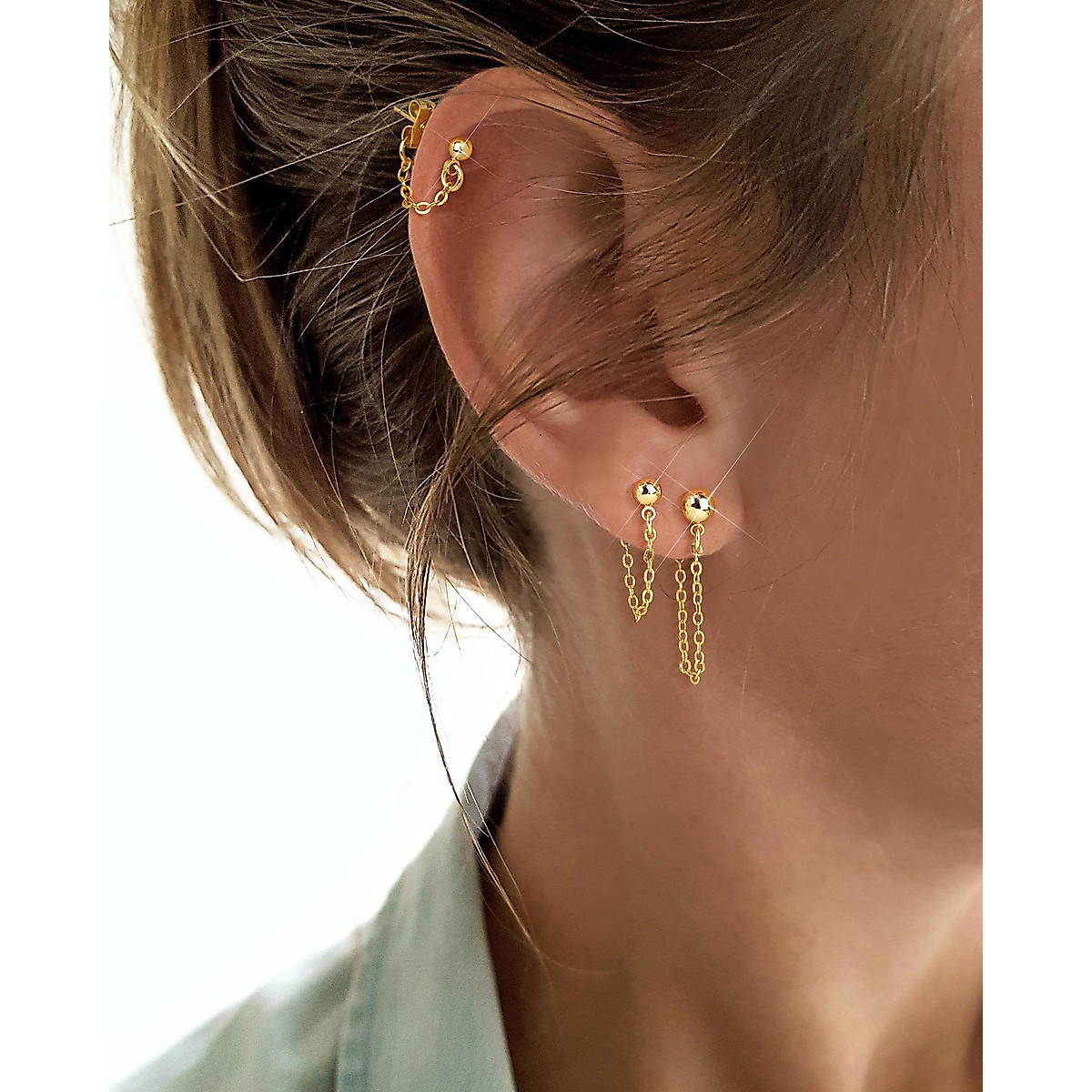 Shownee Gold Ball Studs Earrings for Women - Small Ball Stud 14K Gold Plated Hypoallergenic Chain Link Drop Dangle Earrings Set Jewelry Gifts