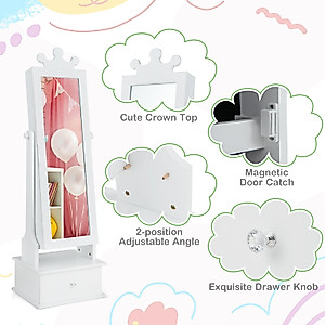 GOFLAME Kids Jewelry Armoire, Children’s Jewelry Cabinet with Full Length Mirror & Storage Drawers, Freestanding Jewelry Organizer for Girls, Birthday/Christmas Gift (White)