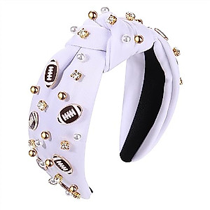 Football Headband Pearl Rhinestone Jeweled Knotted Headband Fun Sports White Hot Pink Black Blue Football Embellished Wide Top Knot Hairband Headpiece Game Day Sports Hair Accessories Gift for Football Mom Fans (white football headband)