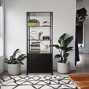 Jahof 4-Layer Industrial Bookshelf, Bookcase with 2 Doors, Standing Storage Cabinet for Living Room, Home Office, Bedroom, Washroom, Kitchen (4-Tier, Black)