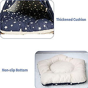 Pet Tent, Wooden Dog Cat Tent Canvas Name Tag Cute House Portable with Thick Padded Washable Navy Blue Star Pattern Tent House for Puppies and Cats