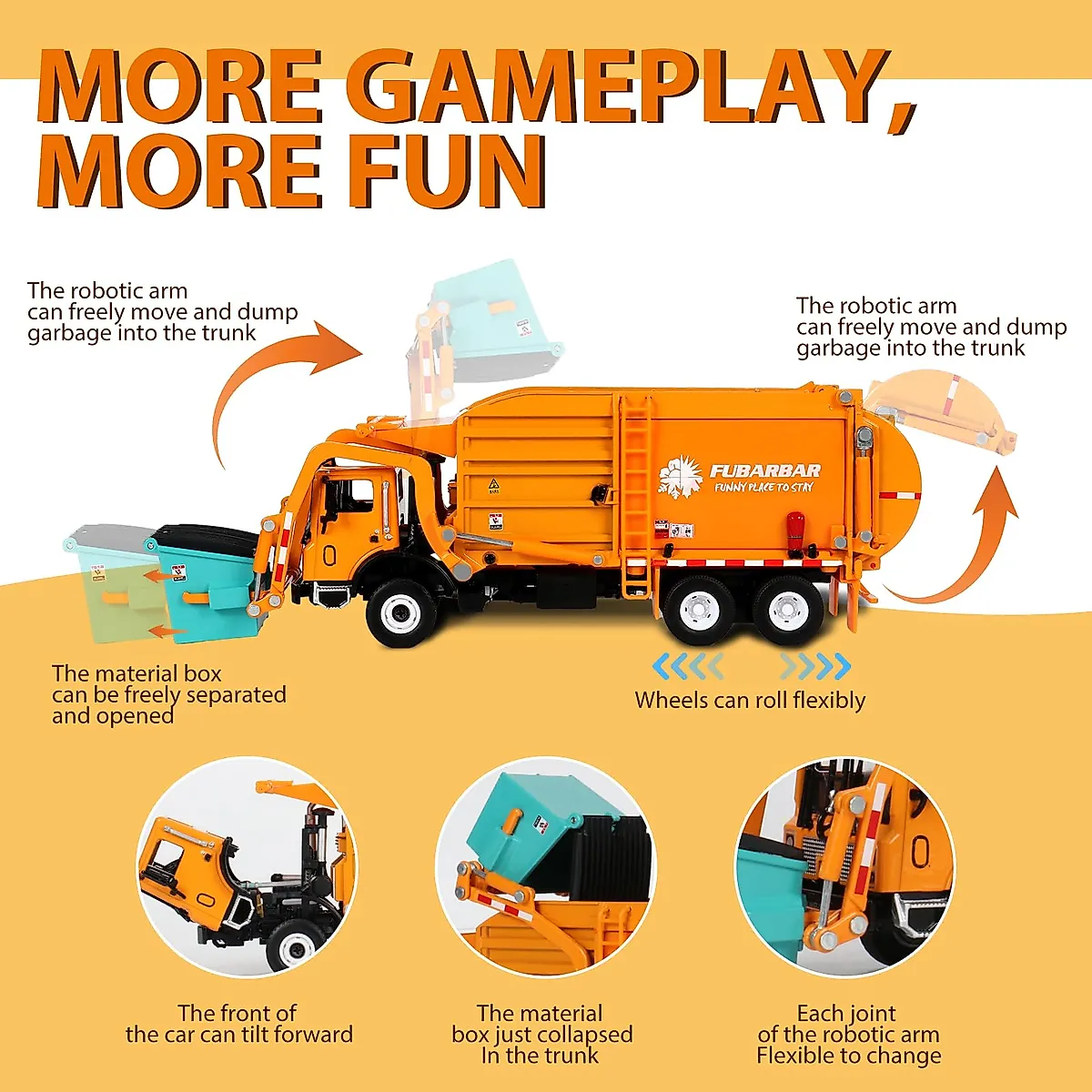 Garbage Truck Toys, Fubarbar 1:43 Bruder Tonka Trash Trucks Model for Boys Metal Diecase Waste Management Front Loader Die Cast Recycling Dumpster Truck Toy for 3 4 5 6 Years Old(Orange)