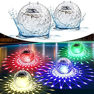 Floating Pool Lights, Solar Pool Lights with RGB Color Changing Waterproof Pool Lights that Float for Swimming Pool at Night Hangable LED Disco Glow Ball Lights for Pond, Garden, Backyard (2 Pack)