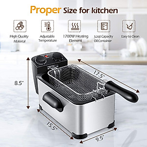 ARLIME Deep Fryer with Basket, 3.2 Qt/3L Electric Fryer with Adjustable Temperature & Timer, Removable Oil-Container & Lid w/View Window, Stainless Steel Small Deep Fryers for Home Use, Kitchen