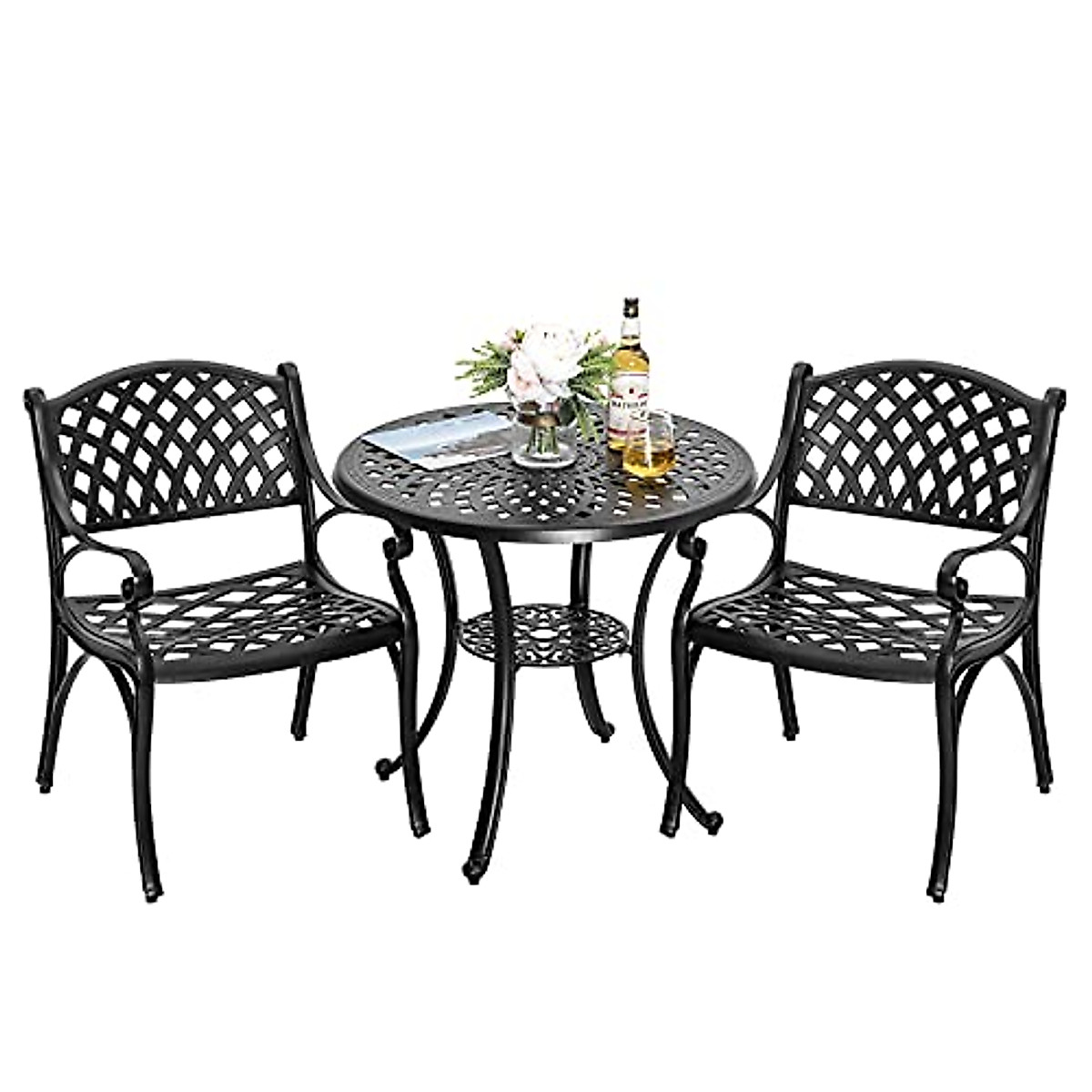 Nuu Garden 3 Pieces Patio Bistro Set, Cast Aluminum Patio Dining Set with Umbrella Hole All-Weather Garden Table and Chairs for Yard, Balcony, Black with Antique Bronze Edging