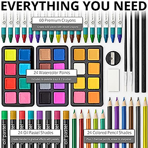 Norberg & Linden Art Supplies, XXL144 Art Set in Deluxe Wooden Box with Drawer Includes Crayons, Oil Pastels, Watercolor Paints, Colored Pencils, Sharpener, Sketch Pad for Adults and Kids