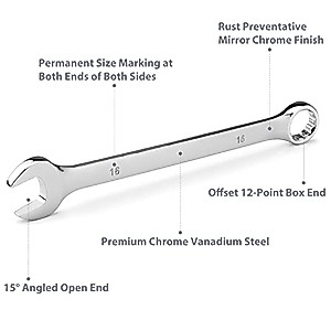 12-Piece Metric Combination Wrench Set in Roll-up Pouch, Non-Skip Sizes 8mm - 19mm | Chrome Vanadium Steel with Mirror Finish | Ideal for General Household, Garage Workshop, Auto Repairs and Much More