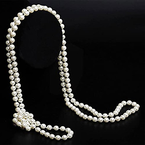 TUOKAY 1920s Pearls Beads Necklace for Women Pearls Strands, Fashion Imitation Faux Pearls Long Necklace Vintage Costume Jewelry Necklace 55 in. Diameter of Pearl 0.32 in. (Ivory)