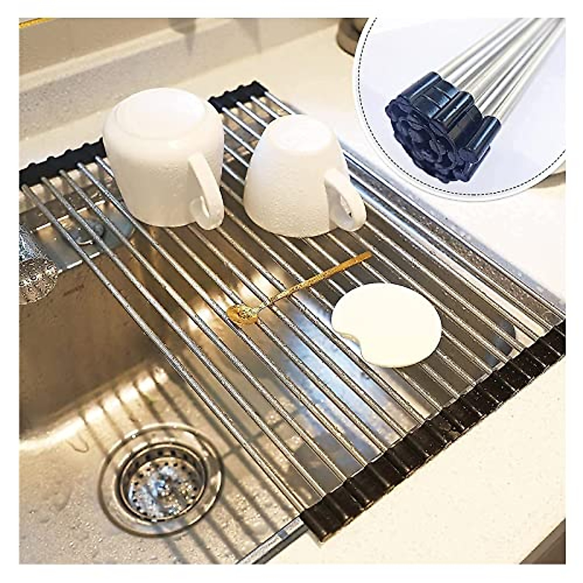 Roll up Dish Drying Rack Over The Sink Dish Drying Rack Portable Stainless Still Rolling Rack Folding Dish Drainer Sink Rack Mat Dish Drying Rack for Kitchen Sink Counter (17.8''LX11.2''W, Black)