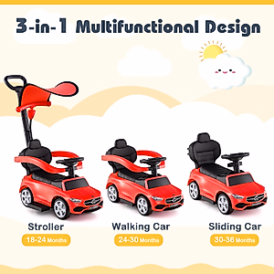 Costzon Push Car for Toddlers, 3 in 1 Mercedes Benz Stroller Sliding Walking Car w/Canopy, Handle, Safety Bar, Cup Holder, Music, Underneath Storage, Foot-to-Floor Ride On Toy for Boys & Girls, Red