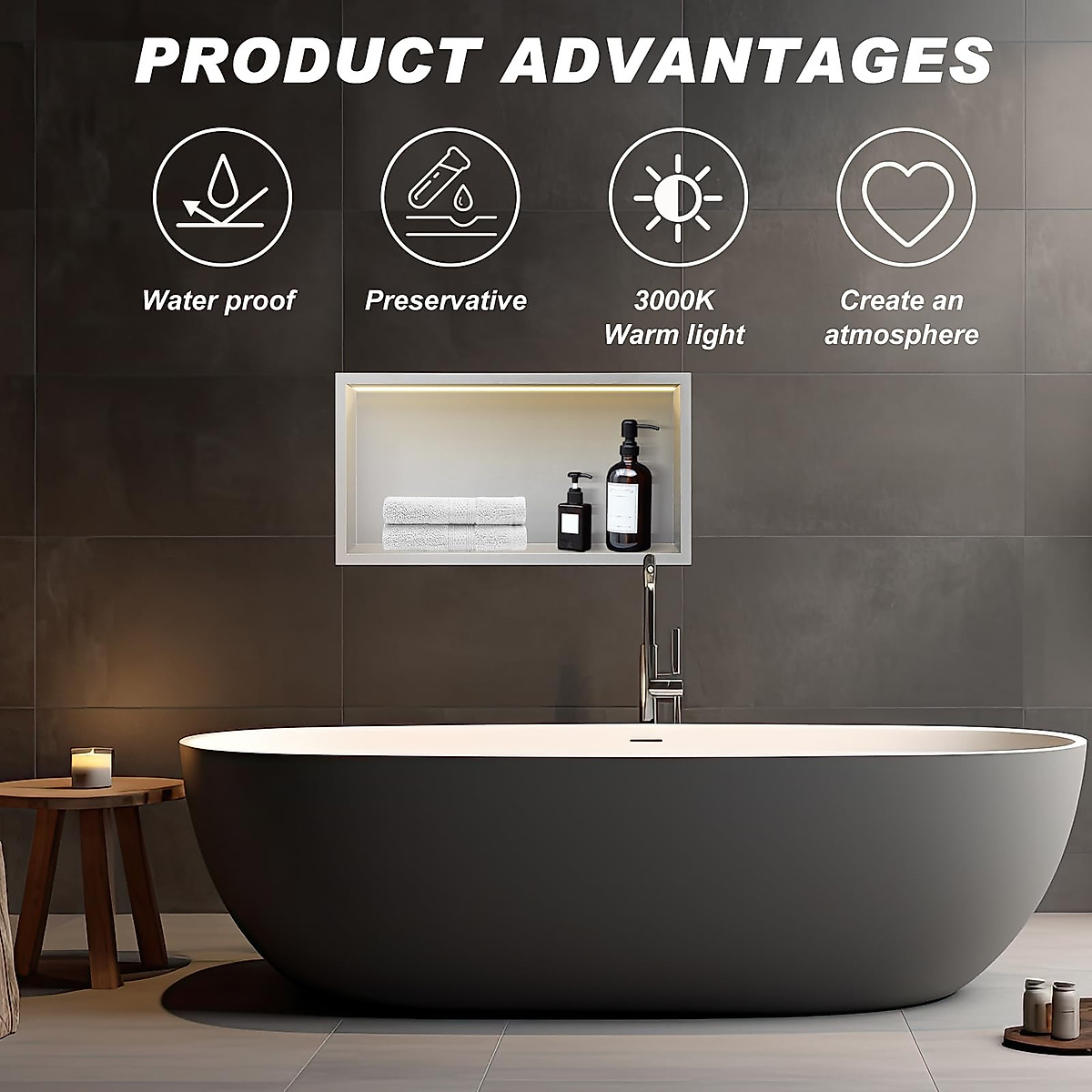 Hicarer Stainless Steel Shower Niche LED Light Recessed Niche Shower Waterproof Recessed Wall Mounted No Tiling Required Shower Alcove for Bathroom Storage Installation (Gray,12 x 24 Inch)