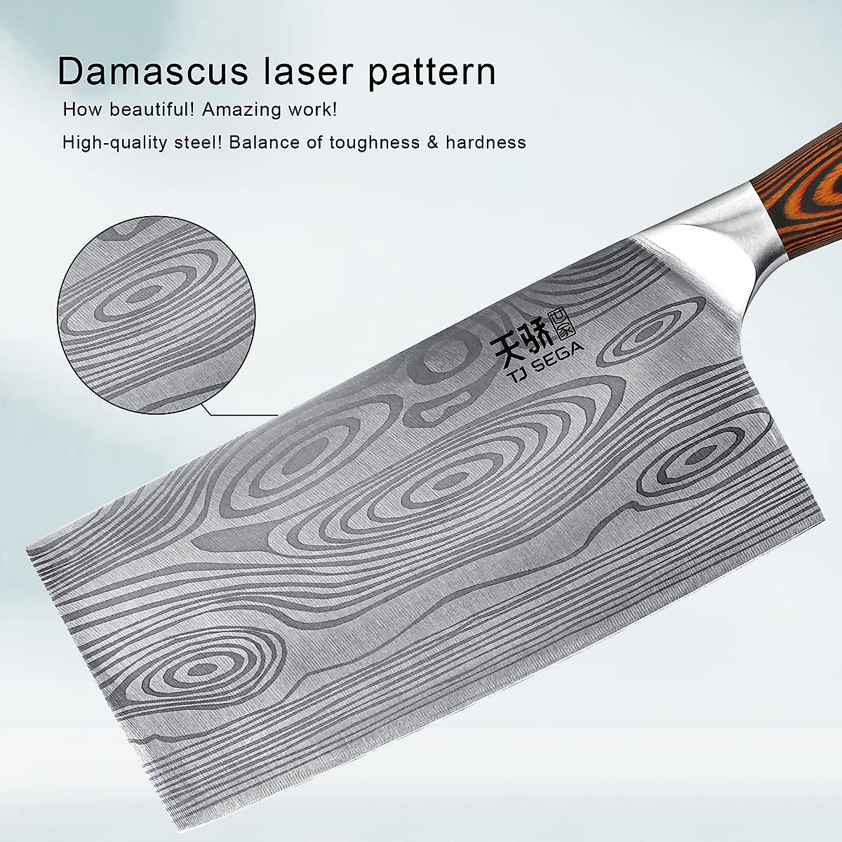 Professional Chinese Chef's Knife, Ultra Sharp Meat Cleaver 7.8 Inch, Damascus pattern Chopping Knife, 40Cr13 Steel Blade Thickness 3 mm, TJ SEGA Series TC19022