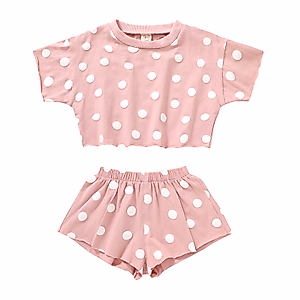 YOUNGER TREE Kids Toddler Baby Girls Shorts Outfits Set Leopard Print Ruffle Dress T-Shirt Tops+Short Pants 2Pc Summer Clothes Set (Pink dots, 18-24Months)