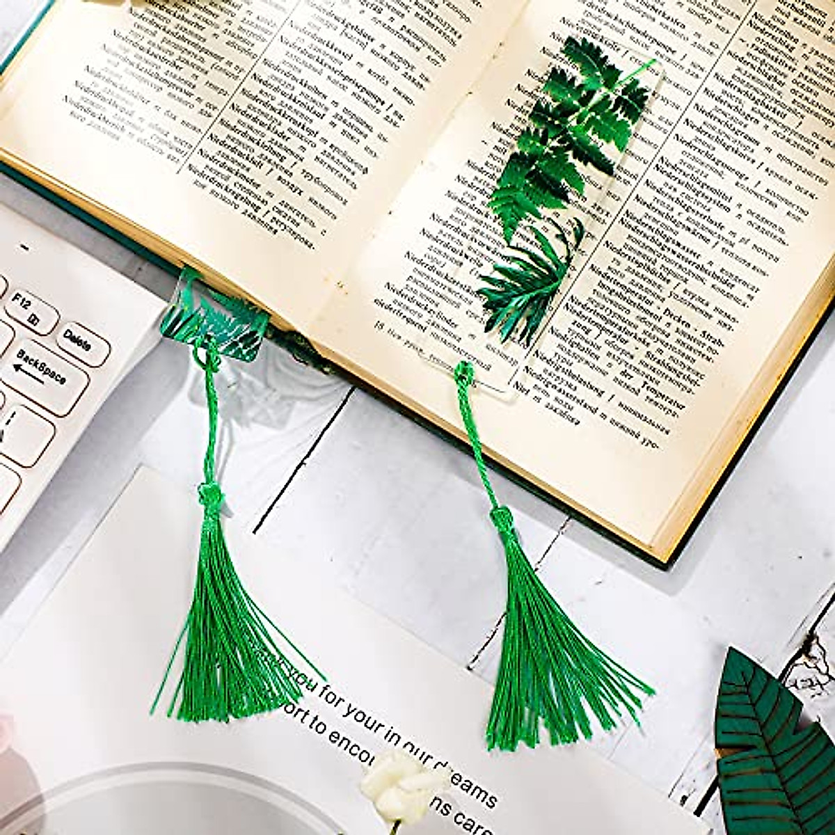 10 Pcs Bookmarks with Tassels Acrylic Bookmarks Resin Plant Bookmark with 10 Pieces Green Tassels Plant Reading Transparent Bookmark for Women Teacher Kids Book Lovers