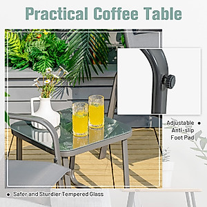 Tangkula 3 Piece Outdoor Bistro Set, Patio Stackable Chairs with Adjustable & Folding Backrest, Removable Headrest and Tempered Glass Coffee Table Set, Patio Conversation Set with Steel Frame (Grey)