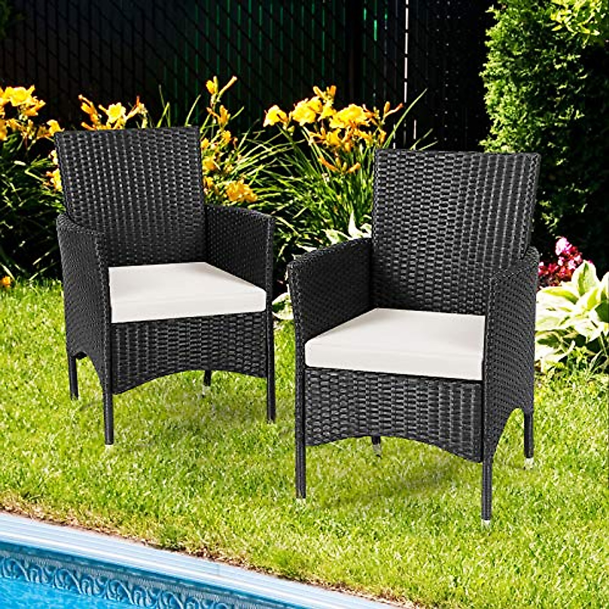 Casart Set of 2 Rattan Cushioned Chairs, Outdoor Wicker Dining Armchairs, Perfect for Porch, Patio and Balcony